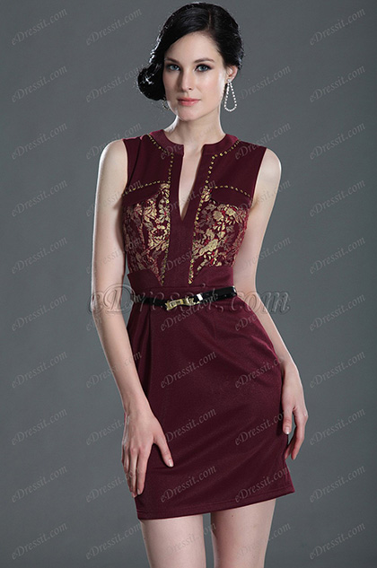 Gorgeous V Net Dark Red Party Dress Day Dress (03123717) - eDressit