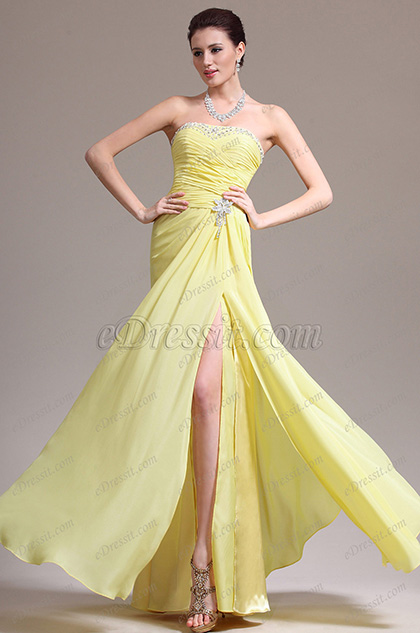 New Stunning Yellow High Split Strapless Evening Dress (00139203 ...