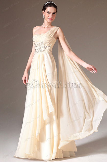 Beige One-Shoulder Embroidered A-Line Prom Dress (00141414) - eDressit