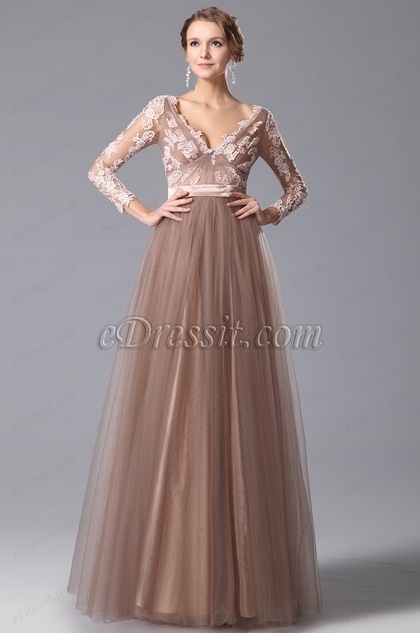 V Neck Long Sleeves Graduation Dress Prom Gown (02150546) - eDressit