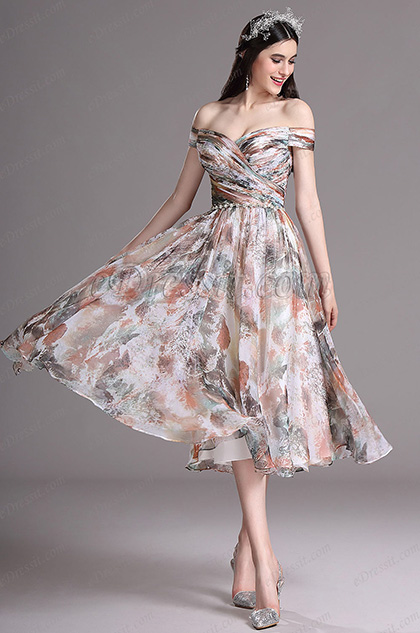 Floral Printed Off Shoulder Tea Length Summer Day Dress (X04152168 ...