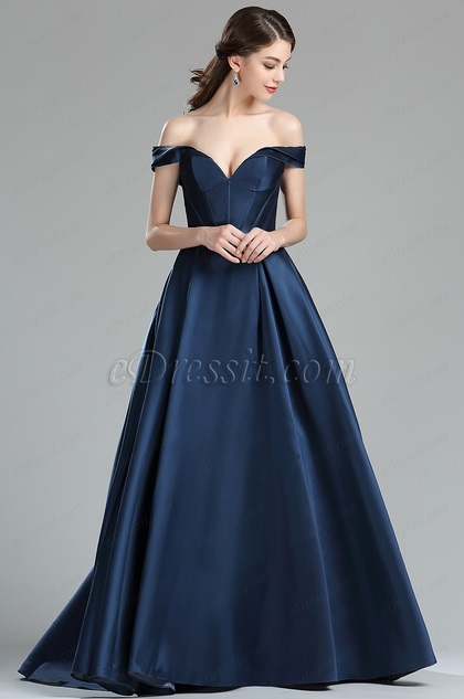 Dark Blue Off the Shoulder V Cut Puffy Prom Dress (36174205) - eDressit
