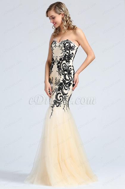 Strapless Beige Beaded Embroidery Prom Dress (36173714) - eDressit