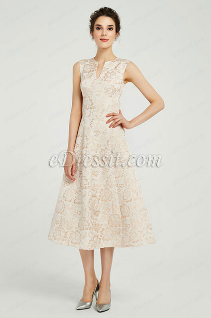 Beige Tea Length Evening Party Prom Dress (03190514) - eDressit
