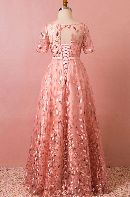 Long Pink Short Sleeves Plus Size Dress Evening Dress (31192601) - eDressit