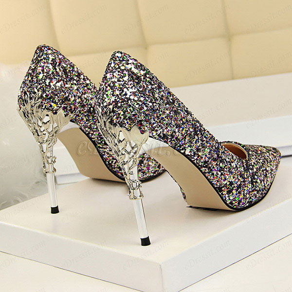 Women's Sparkling High Spool Heel Closed Toe Pumps Shoes (0919006 ...