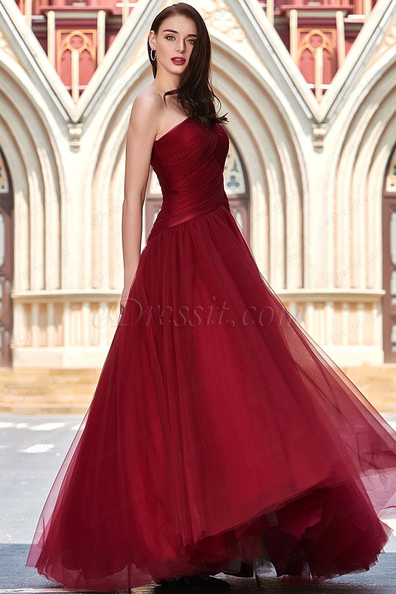 Newest Burgundy One Shoulder Prom Ball Party Dress (00200517) - eDressit