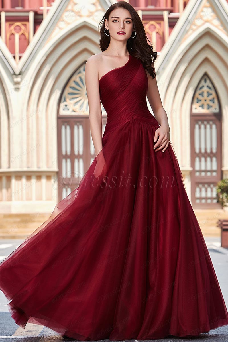 Newest Burgundy One Shoulder Prom Ball Party Dress (00200517) - eDressit