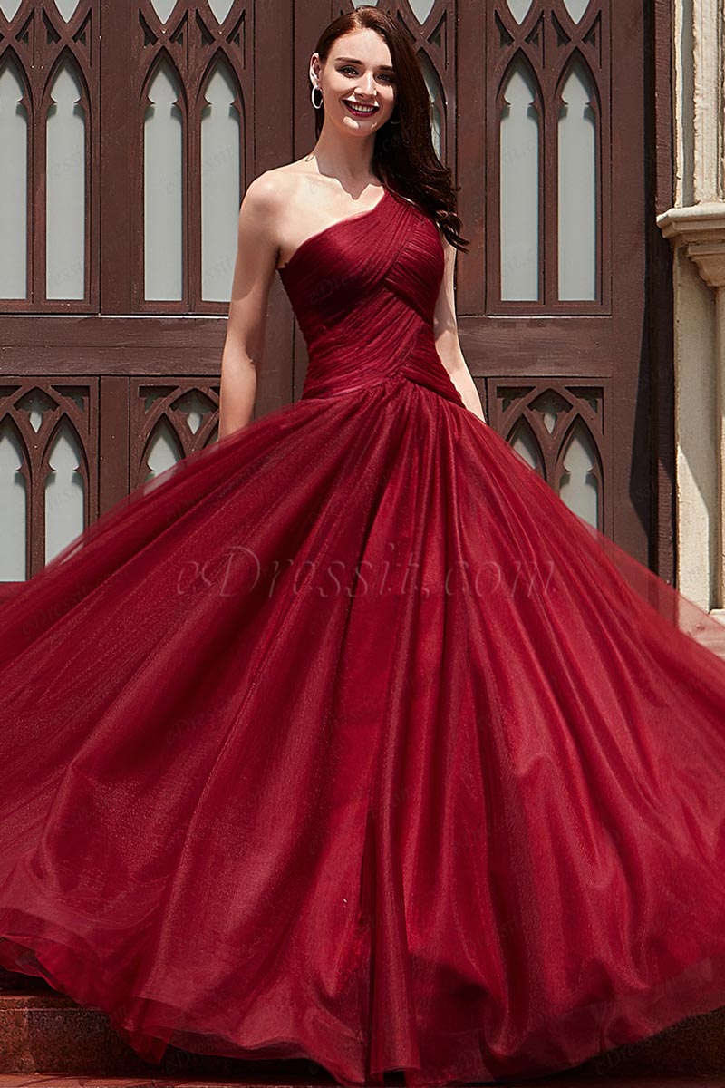 Newest Burgundy One Shoulder Prom Ball Party Dress (00200517) - eDressit