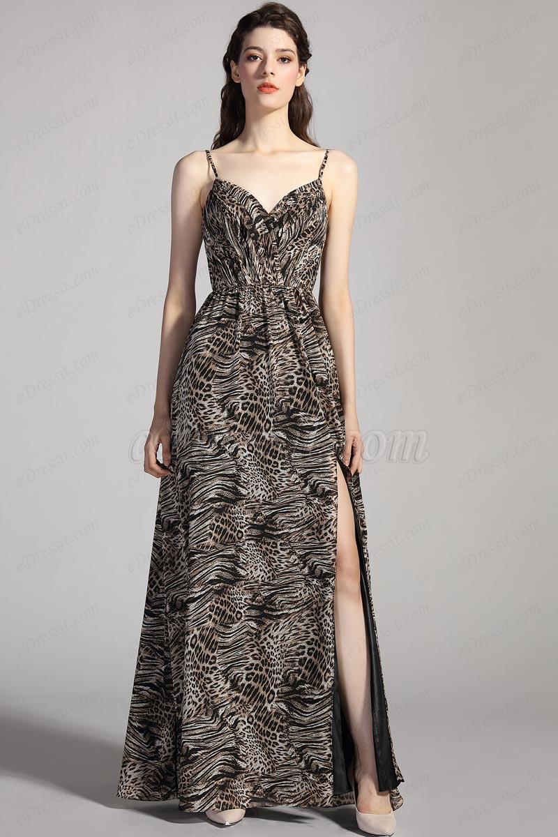 Spaghetti Straps V-Cut Printed Leopard Party Dress (00206468) - eDressit