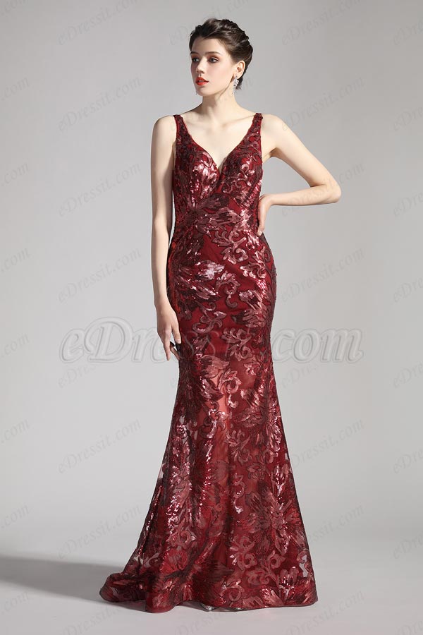Neues Wein-rot Stickerei Meerjungfrau Partykleid (00208517) - eDressit