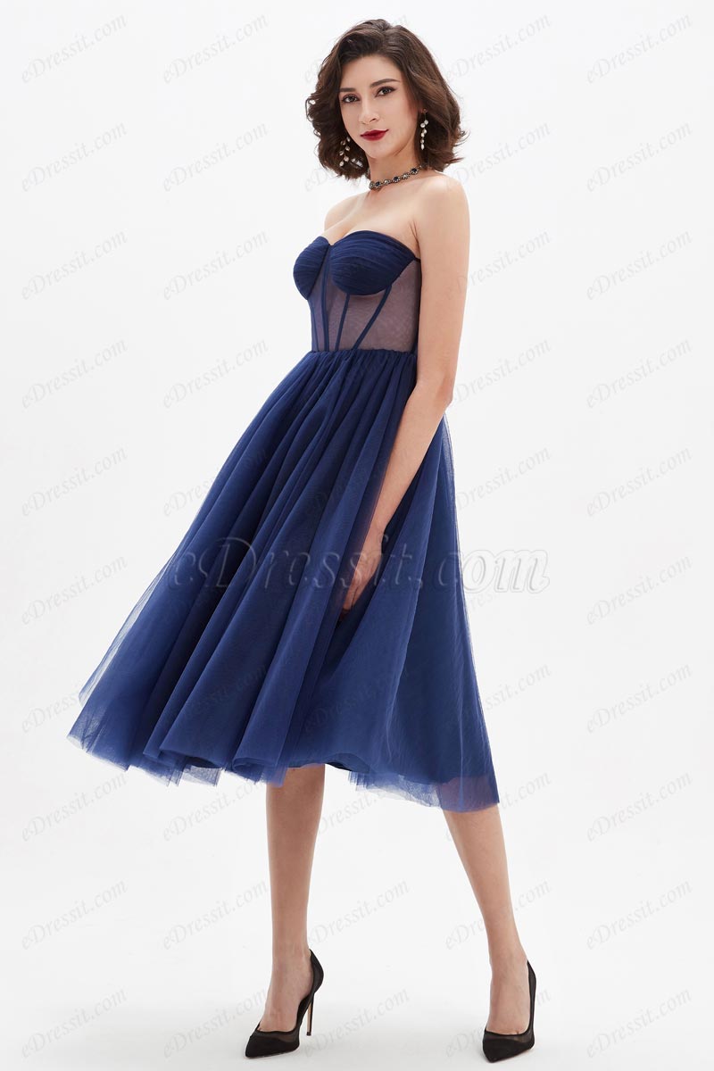 Navy Blue Corset Polyester Bone Tulle Cocktail Dress (04210405) - eDressit