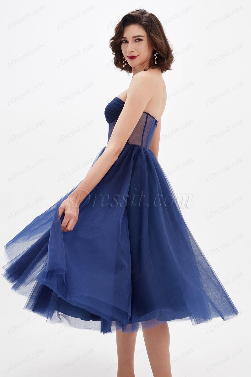Navy Blue Corset Polyester Bone Tulle Cocktail Dress (04210405) - eDressit