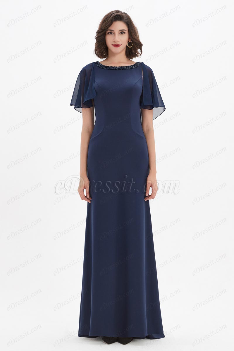 Blue Ruffle Sleeves Beaded Party Prom Evening Dress (02211505) - eDressit