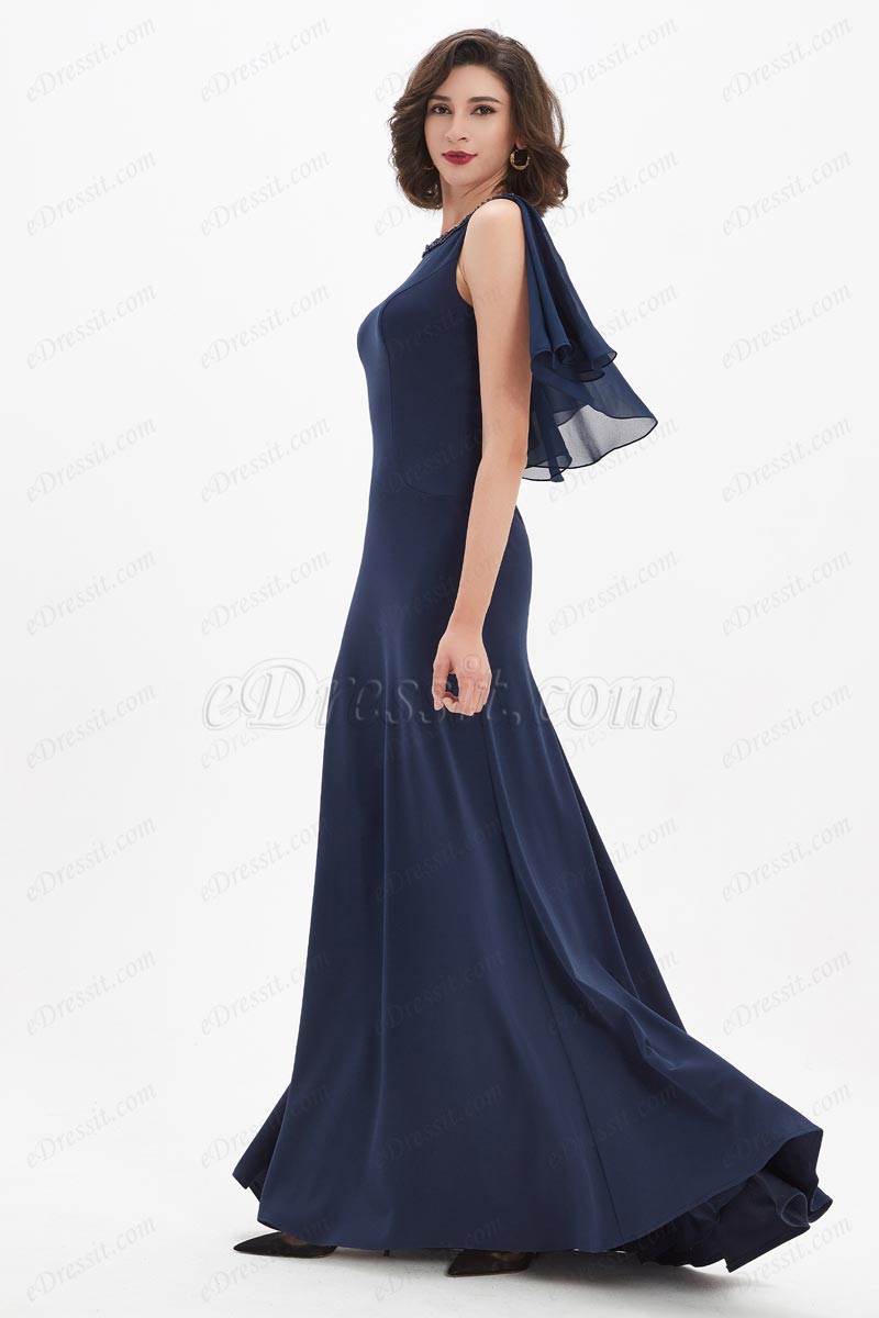 Blue Ruffle Sleeves Beaded Party Prom Evening Dress (02211505) - eDressit