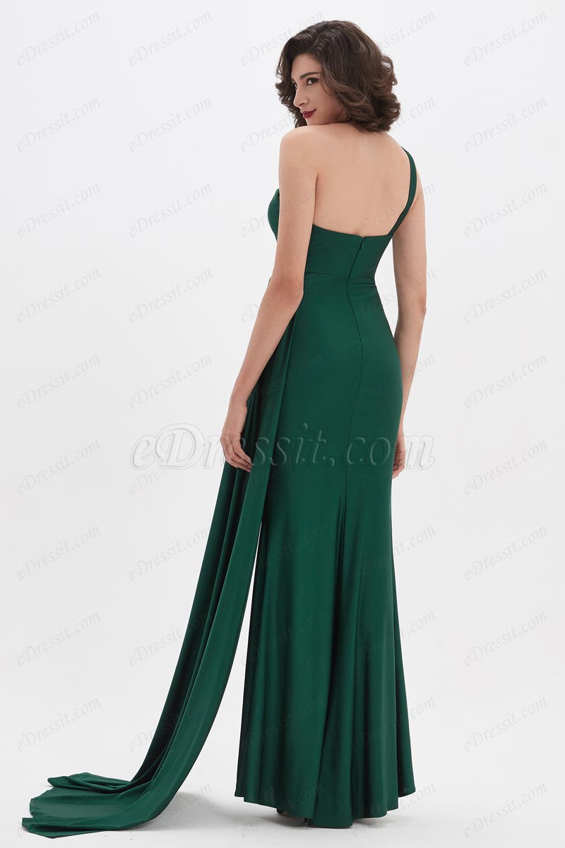Green One Shoulder Pleated Bodice Party Evening Dress (00210604) - eDressit